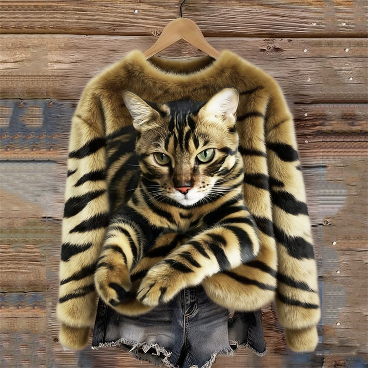 Luna- Gemütlicher Plüschpullover mit Tiger- und Tabby-Katzen-Muster